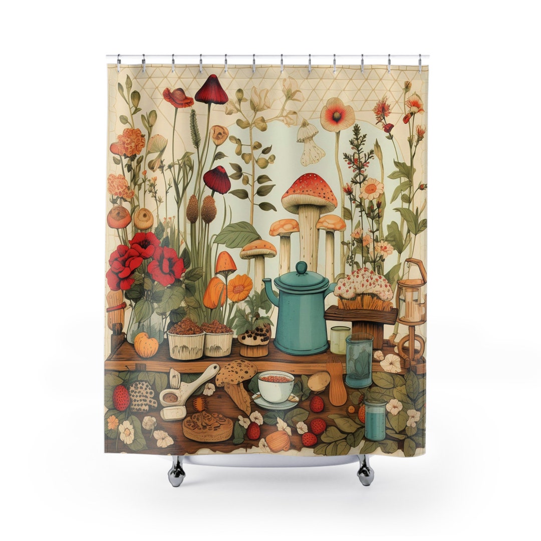 Primitive Floral Cottage Shower Curtain, Floral Mushroom Bathroom Decor ...