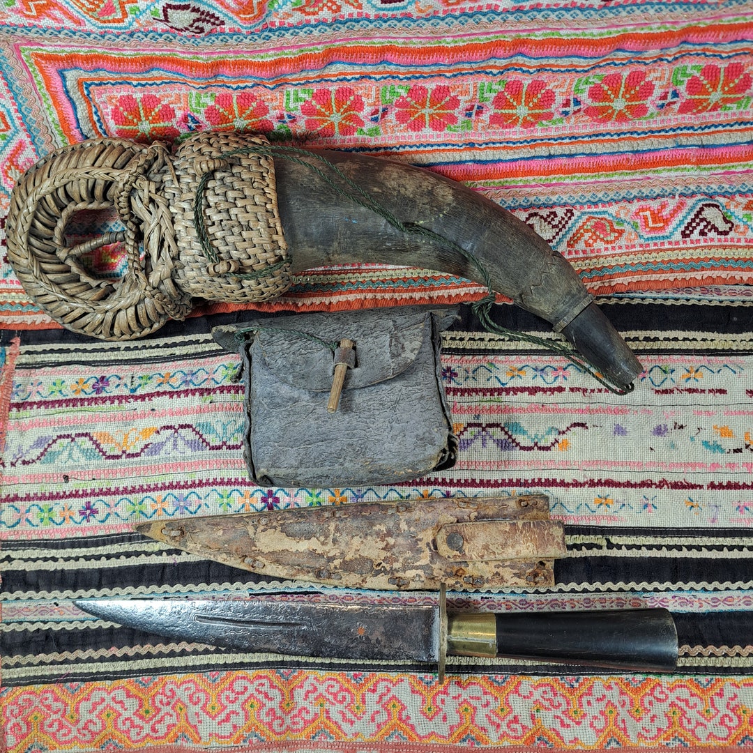 Antique Hunters Lot - Primitive Knife Ammo Pouch and Water Buffalo ...
