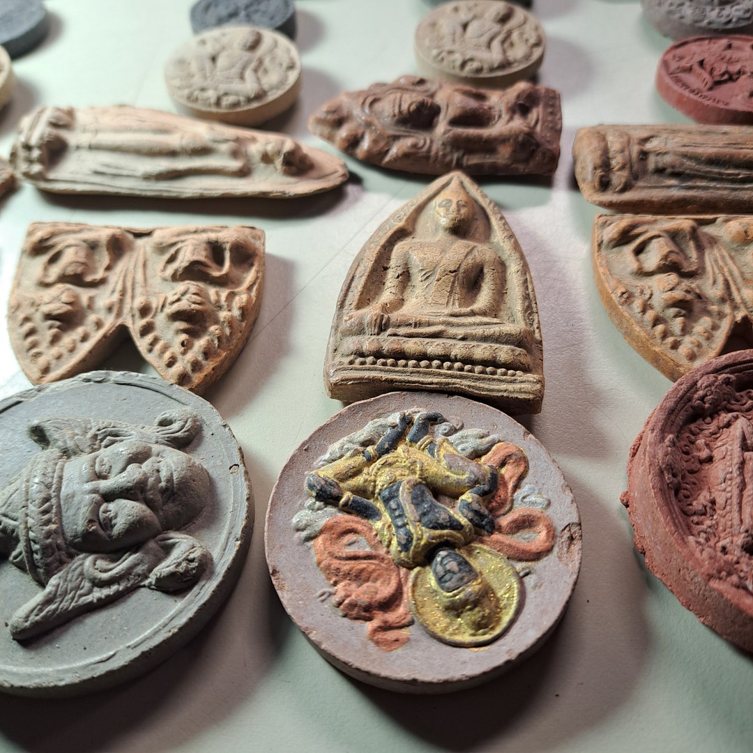 Lucky Buddha and Hindu Clay Temple Votives Large Group Thailand Myanmar ...