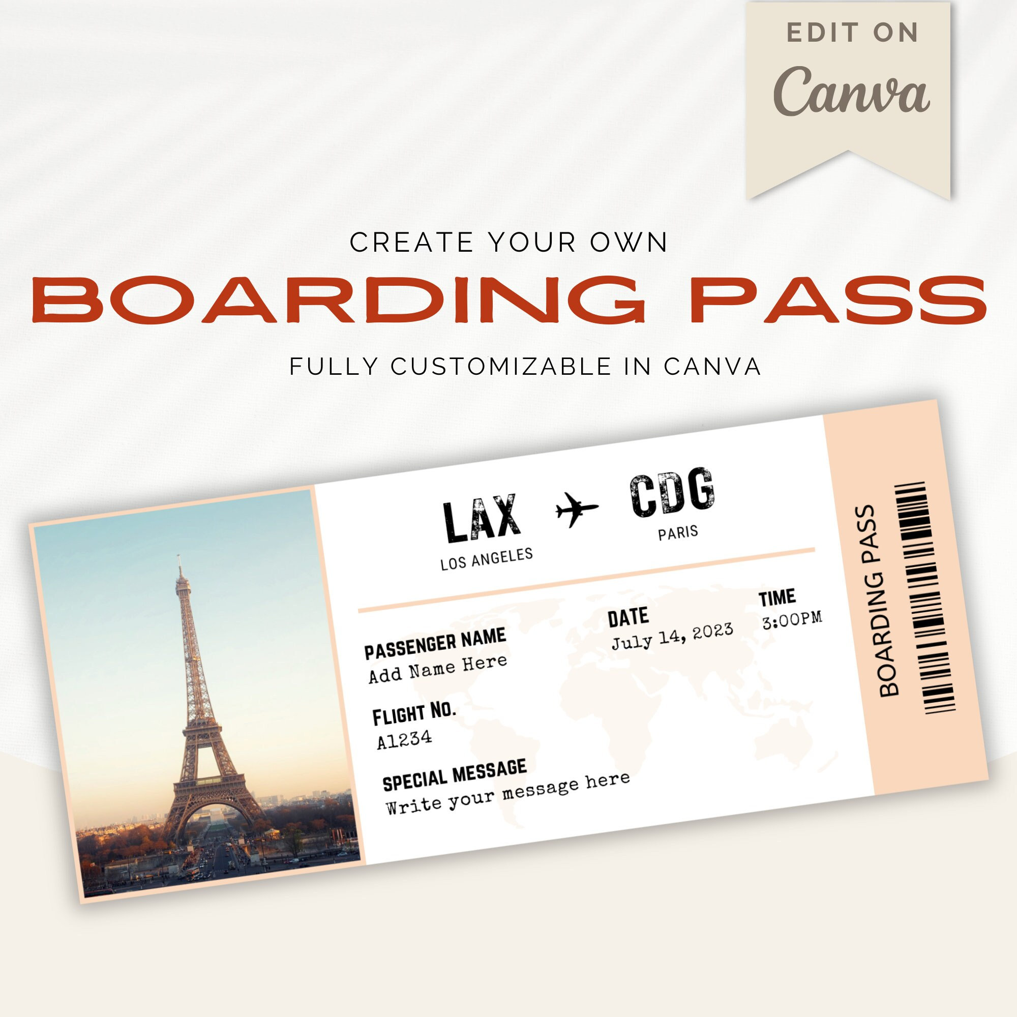 Boarding Pass Template Printable Plane Ticket Personalized Travel Gift ...