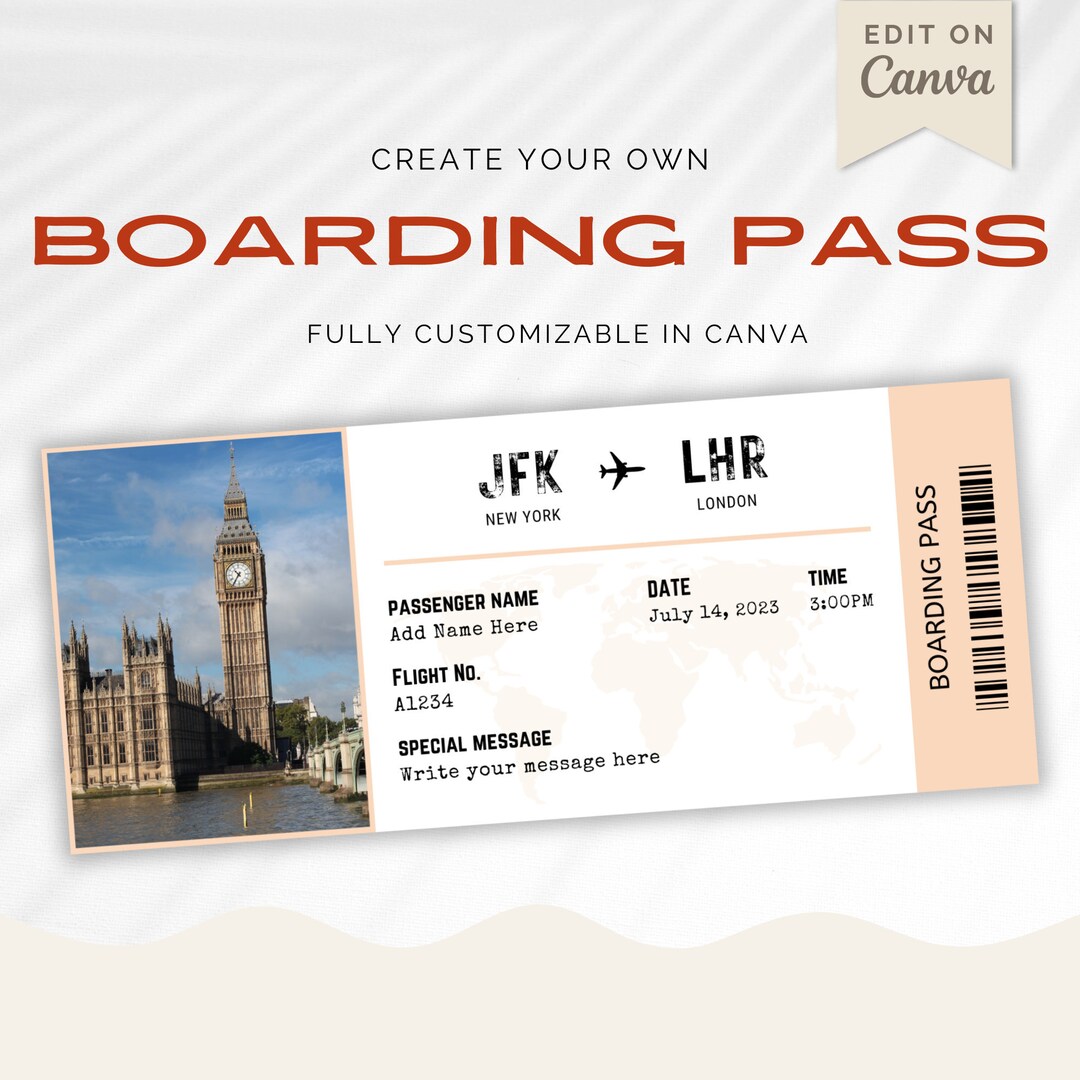 Boarding Pass Template Personalized Travel Gift Printable Plane Ticket ...