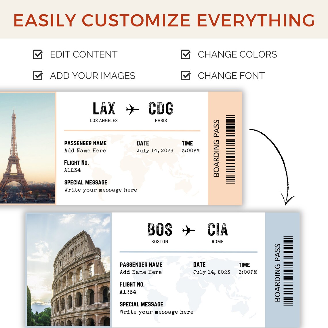 Boarding Pass Template Printable Plane Ticket Personalized Travel Gift ...