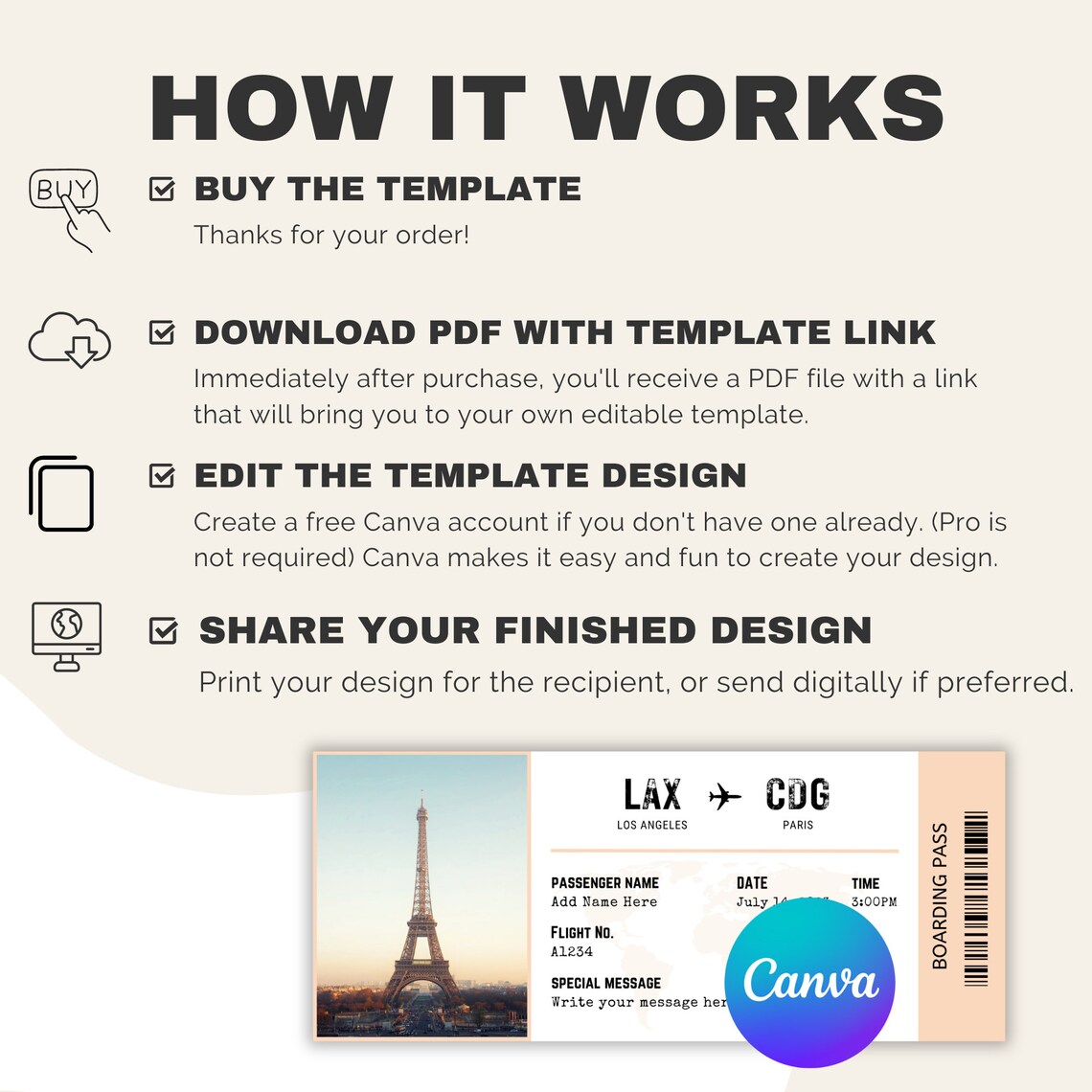Boarding Pass Template Printable Plane Ticket Personalized Travel Gift ...