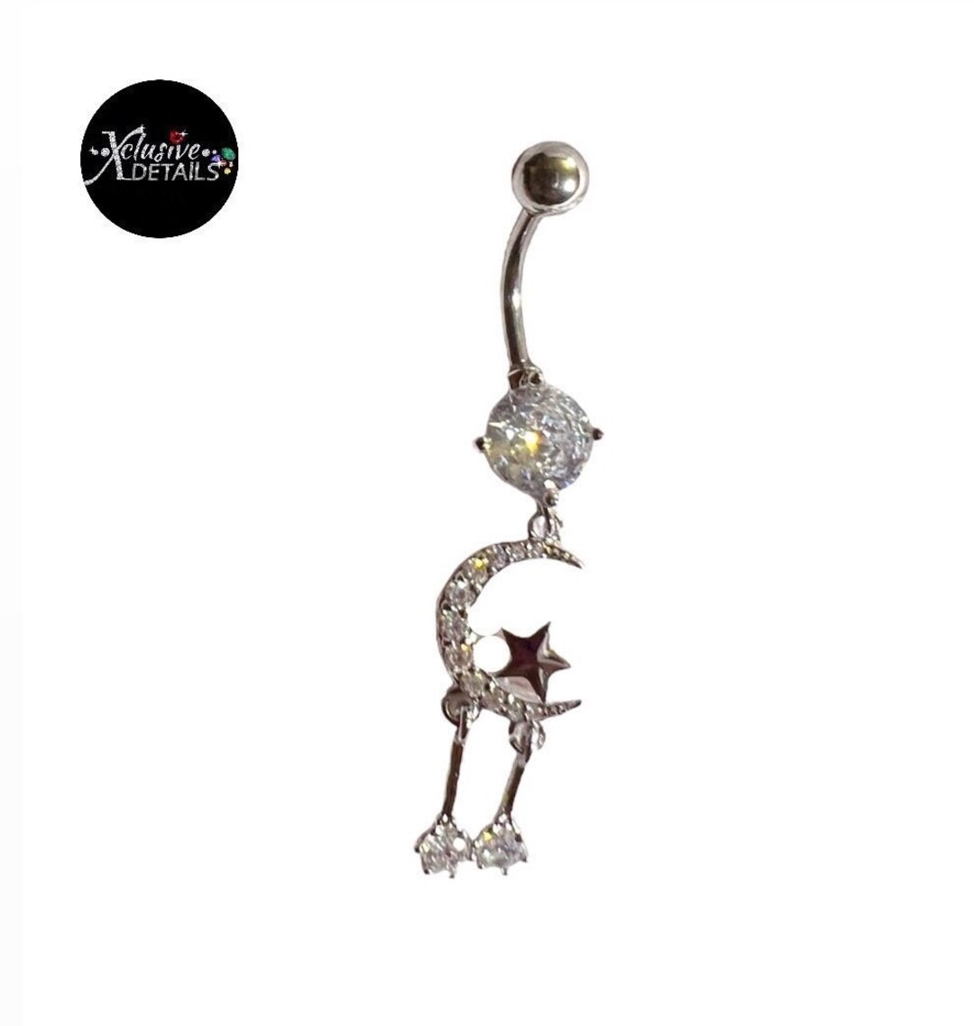 Moon and Stars Silver BLING Dangle Belly Ring Silver Jewelry Body ...