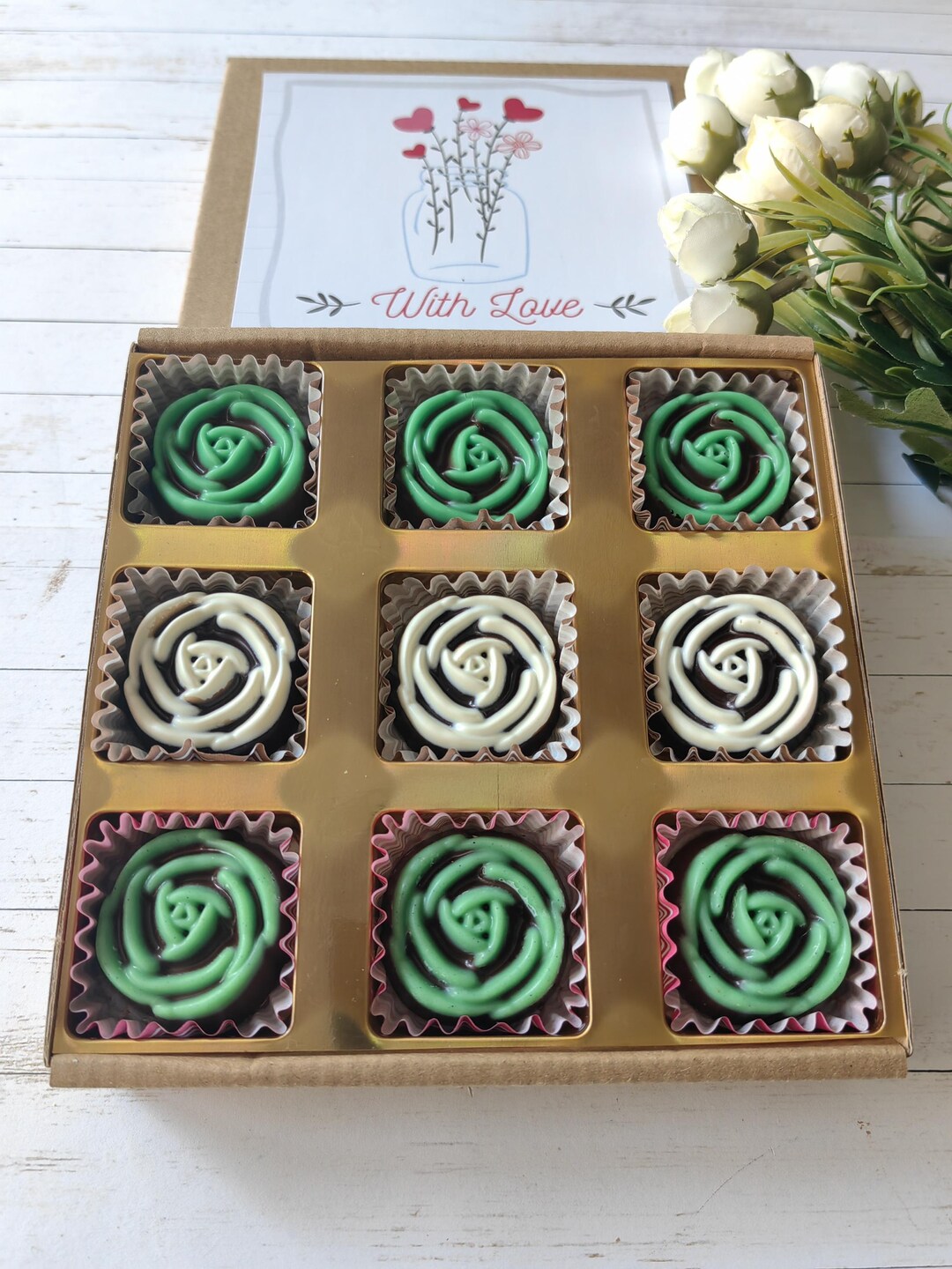 Green and White Rose Chocolate Box, Wedding Chocolate, Engagement ...