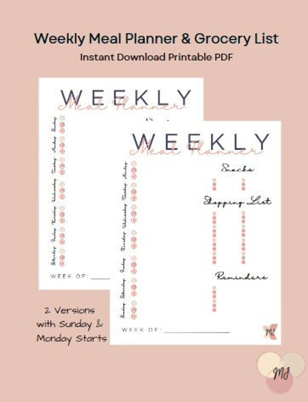 Weekly Meal Planner & Grocery List Printable PDF - Etsy