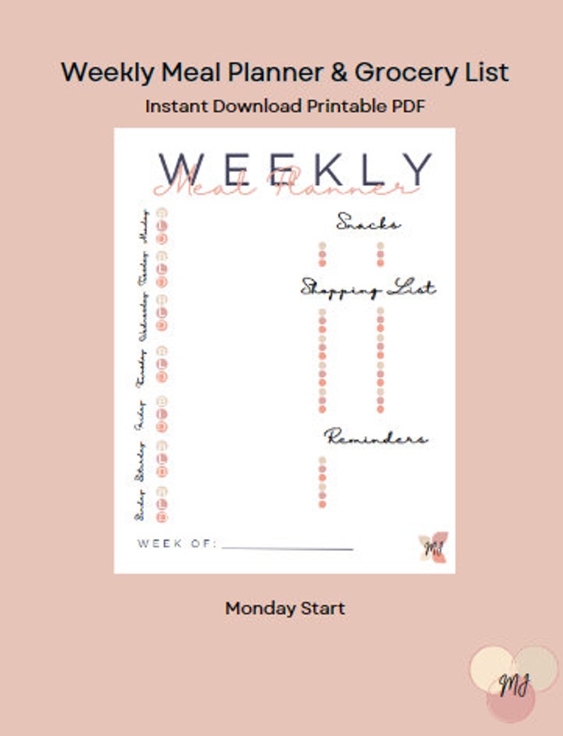 Weekly Meal Planner & Grocery List Printable PDF - Etsy