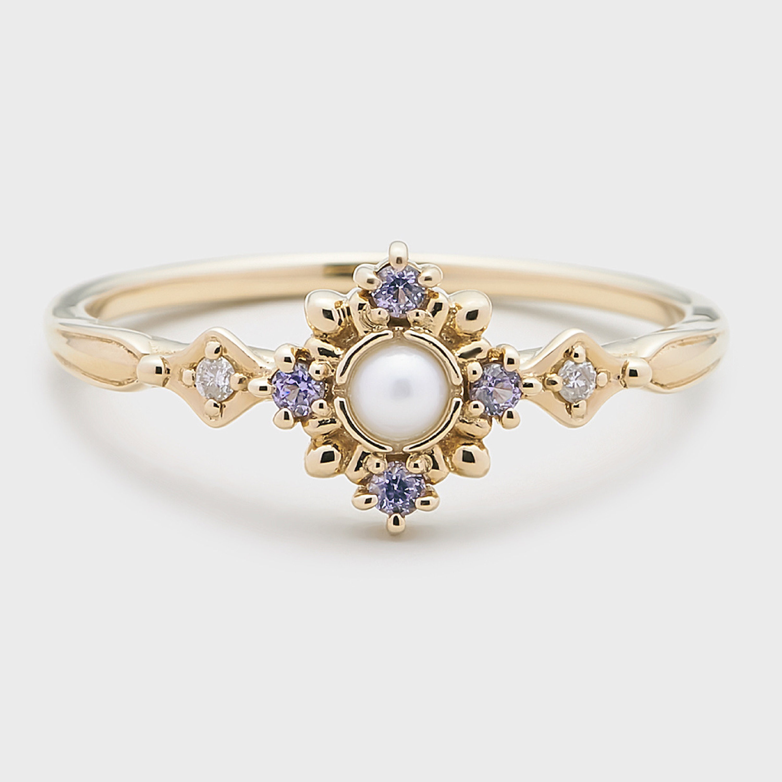 Tanzanite Ring with Freshwater Pearl Blue Gemstone Ring Natural Tanzanite Ring Silver Plated with 14K Gold Unique Promise Ring