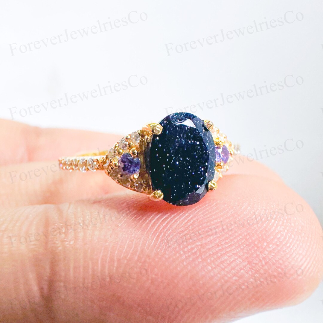 Oval Blue Sandstone Ring: Sterling Silver, Amethyst Accent, Galaxy ...