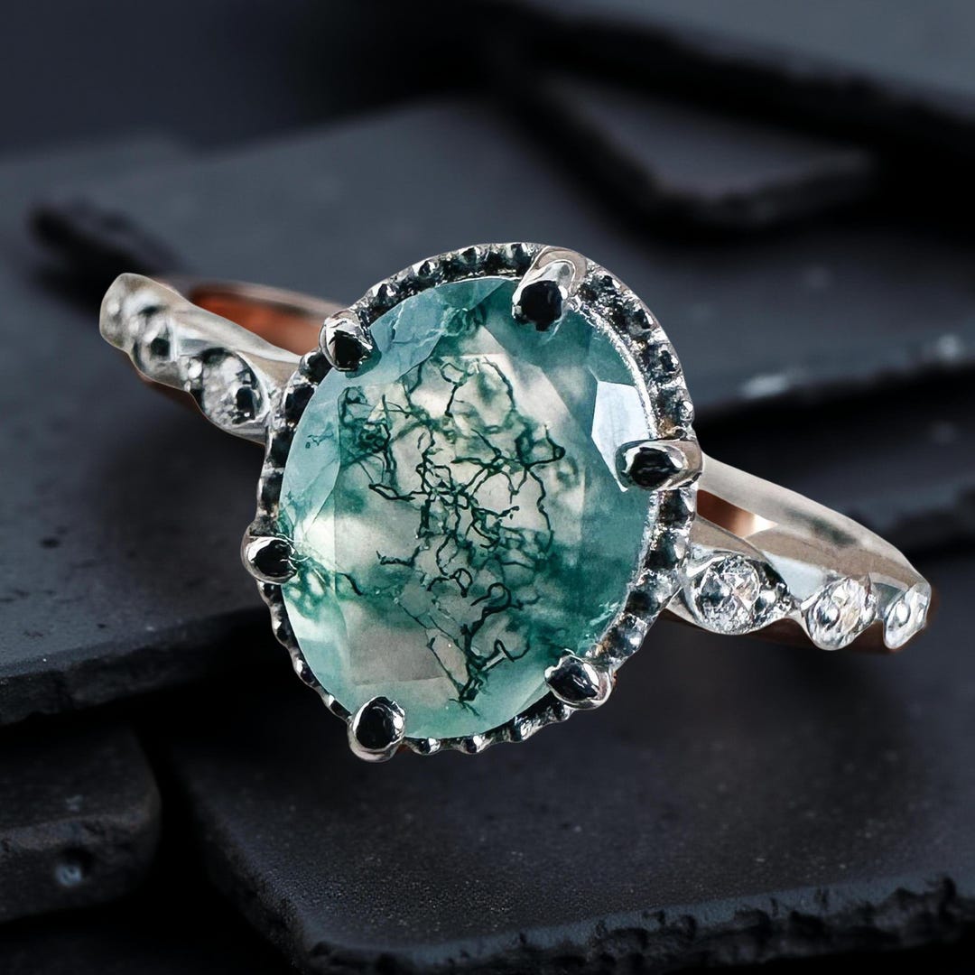 Vintage Oval Moss Agate Engagement Ring: Sterling Silver Anniversary ...