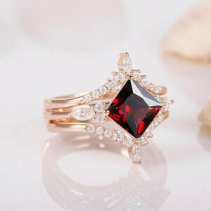 Princess Cut Garnet Engagement Ring Garnet 3 Piece Ring Set Cluster ...