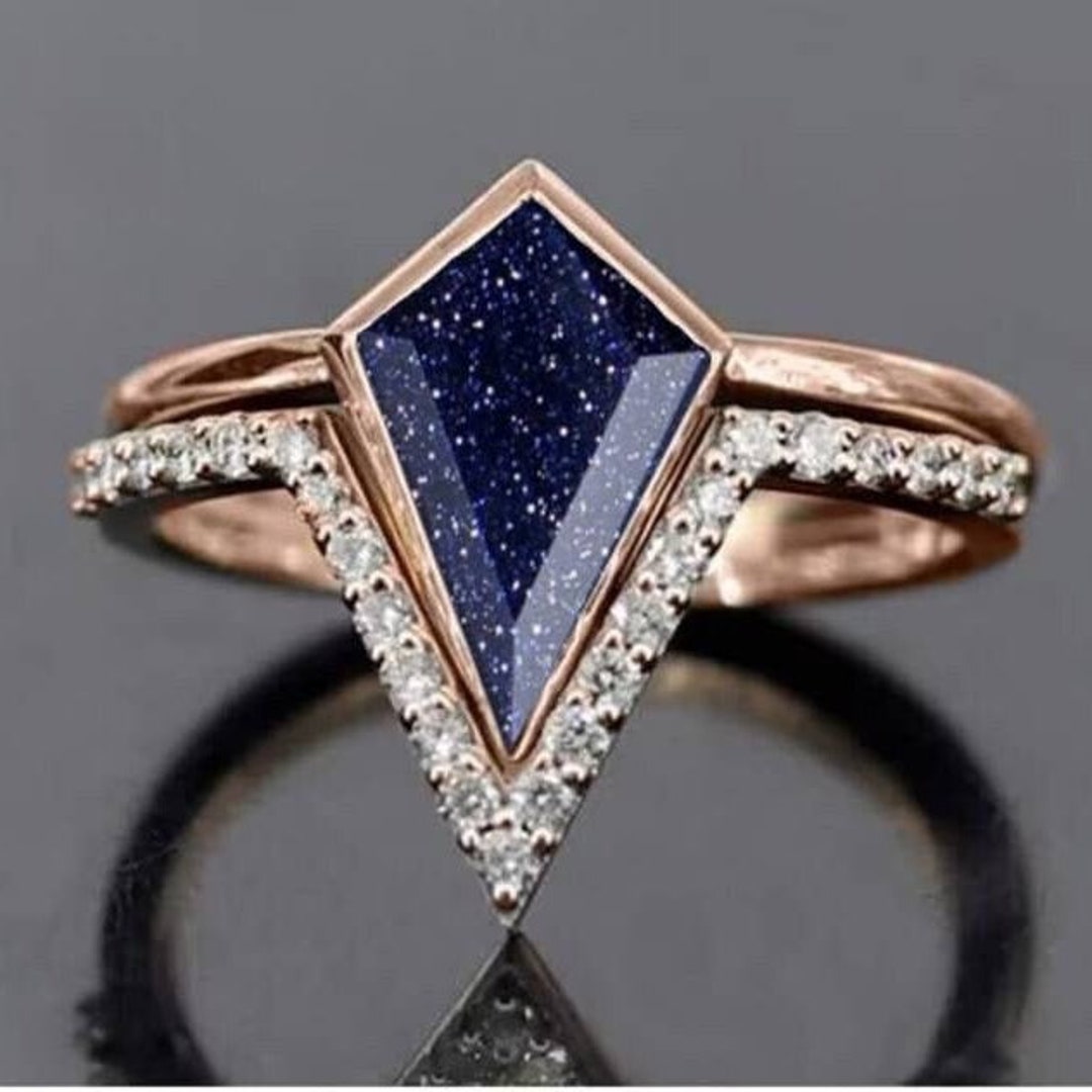 Galaxy Kite Cut Blue Sandstone Wedding Ring Set Art Deco Star Blue ...