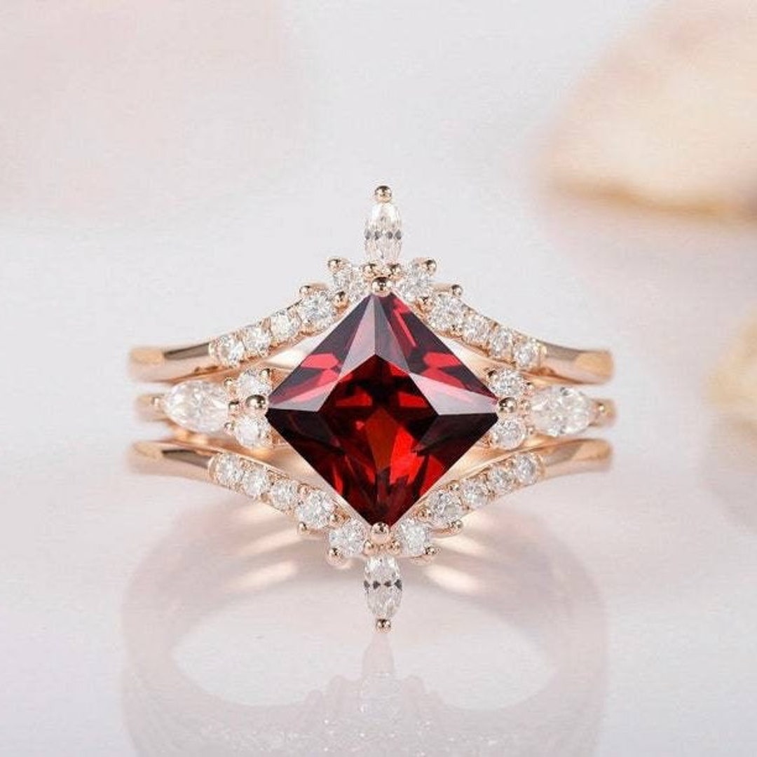 Princess Cut Garnet Engagement Ring Garnet 3 Piece Ring Set Cluster ...