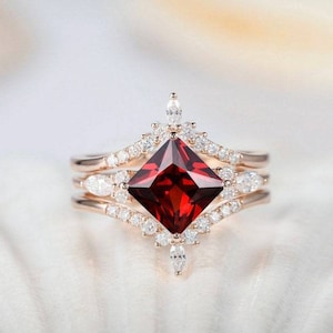 Princess Cut Garnet Engagement Ring Garnet 3 Piece Ring Set Cluster ...