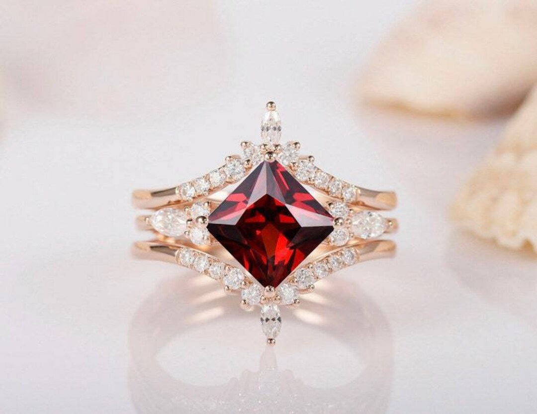 Princess Cut Garnet Engagement Ring Garnet 3 Piece Ring Set - Etsy