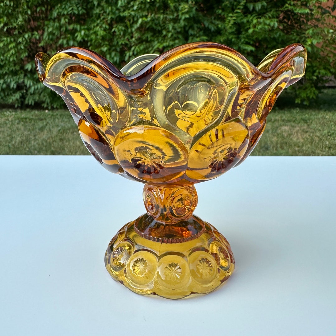 L.E. Smith Moon & Star Glass 5" Amber Compote With Ruffled Edge - Etsy