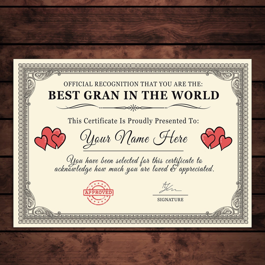 Personalised 'best Gran in the World' Certificates Gift A4 or A5 Print ...