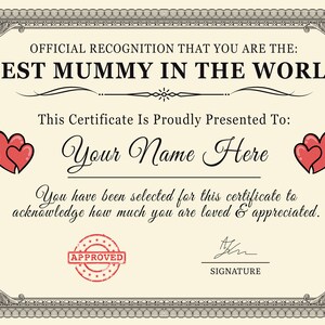 Personalised 'best Mummy in the World' Certificates Gift/print - Etsy