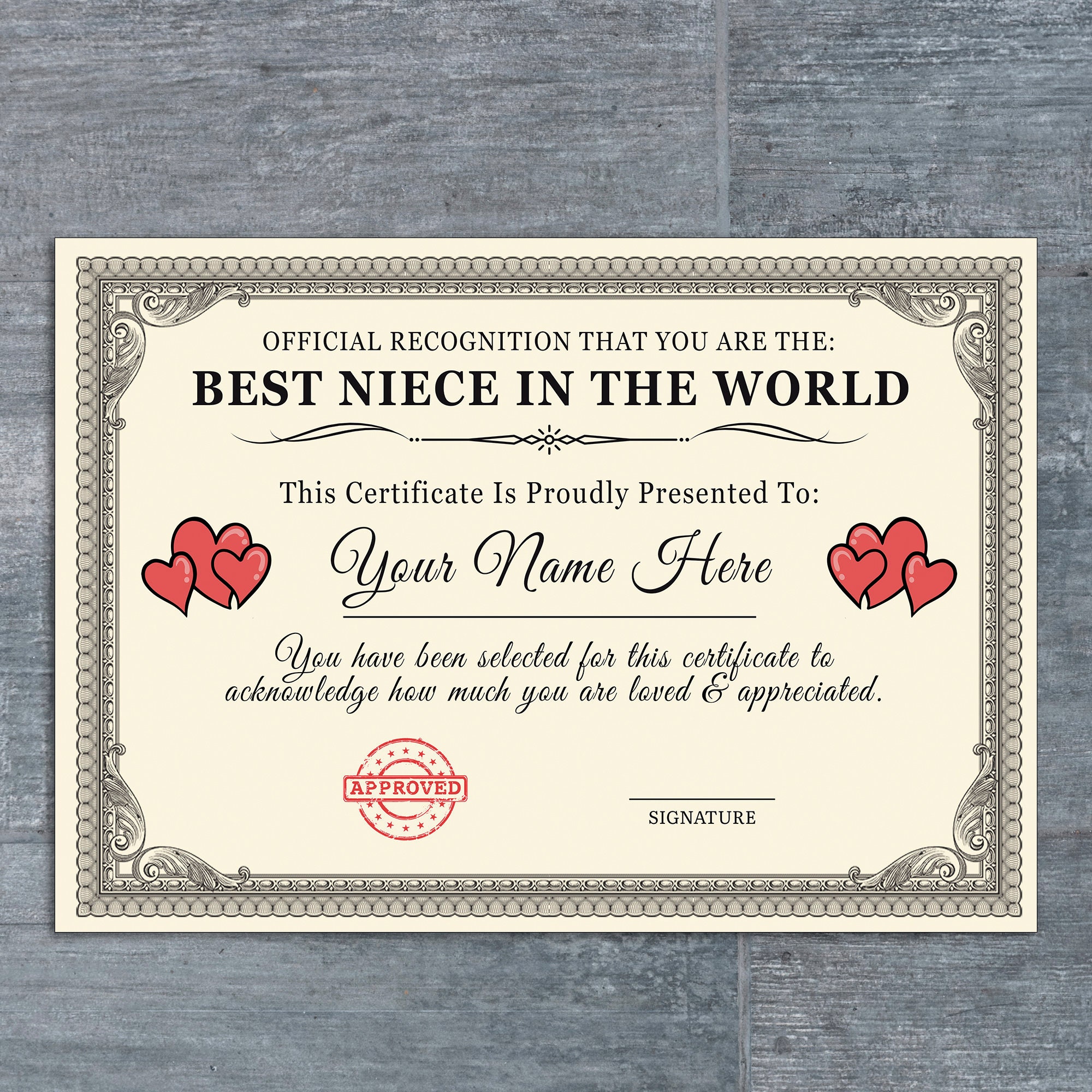 Personalised 'best Niece in the World' Certificates Gift | A4 or A5 ...