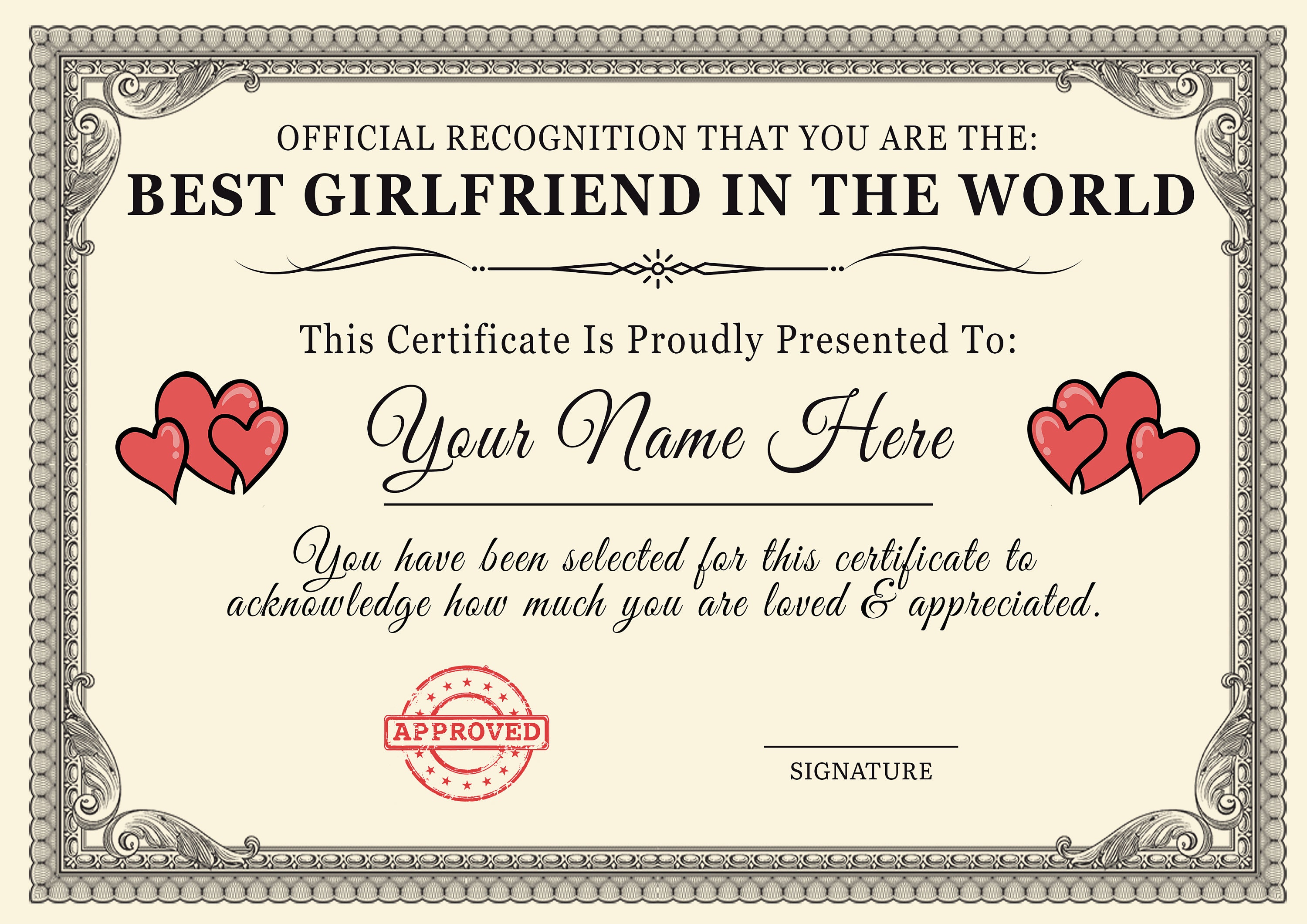 Personalised 'best Girlfriend in the World' Certificates Gift/print - Etsy