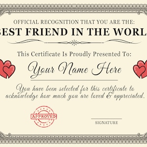 Personalised 'best Friend in the World' Certificates Gift | A4 or A5 ...