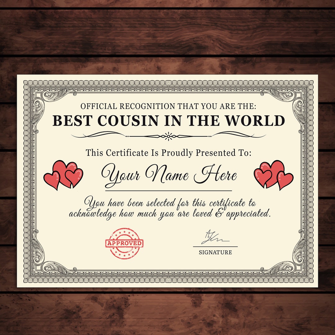 Personalised 'best Cousin in the World' Certificates Gift | A4 or A5 ...