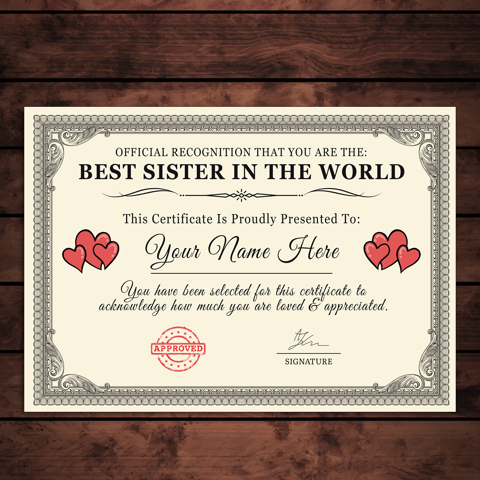 Personalised 'best Sister in the World' Certificates Gift A4 or A5 ...