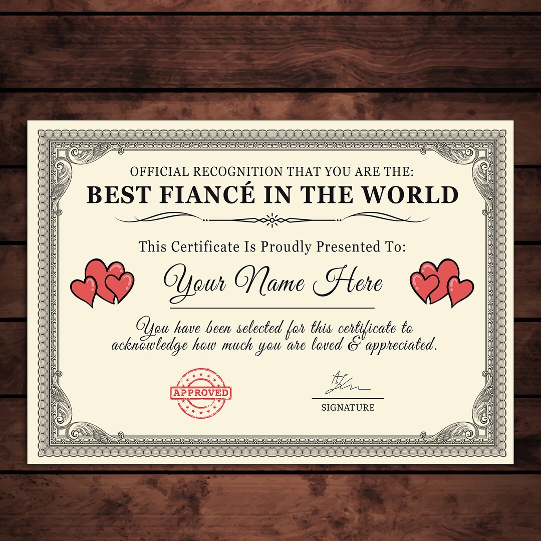 Personalized 'best Fiancé in the World' Certificate (A4/A5 Print ...