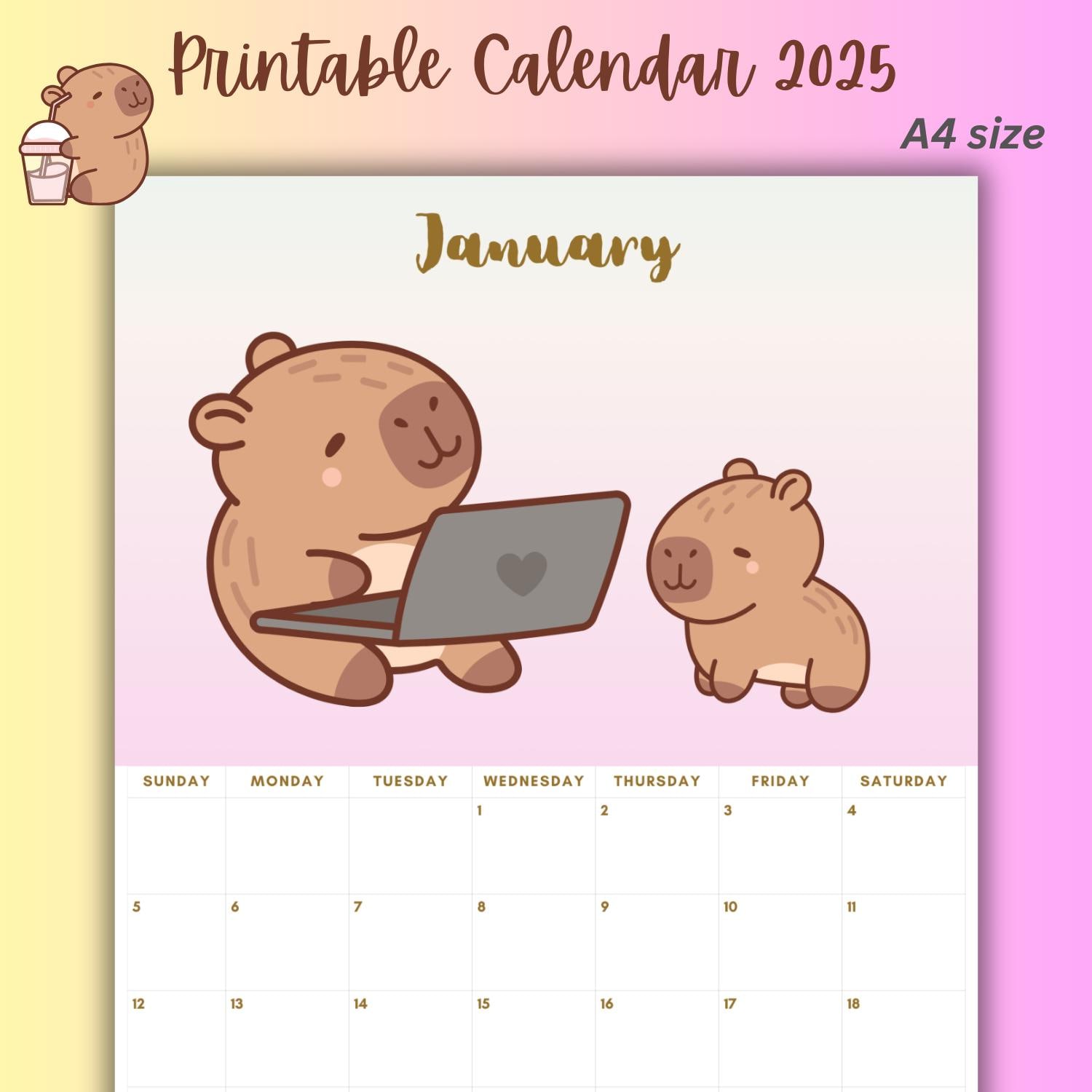 Capybara Calendar 2025, Cute Capybara Printable Calendar, Cute Calendar ...