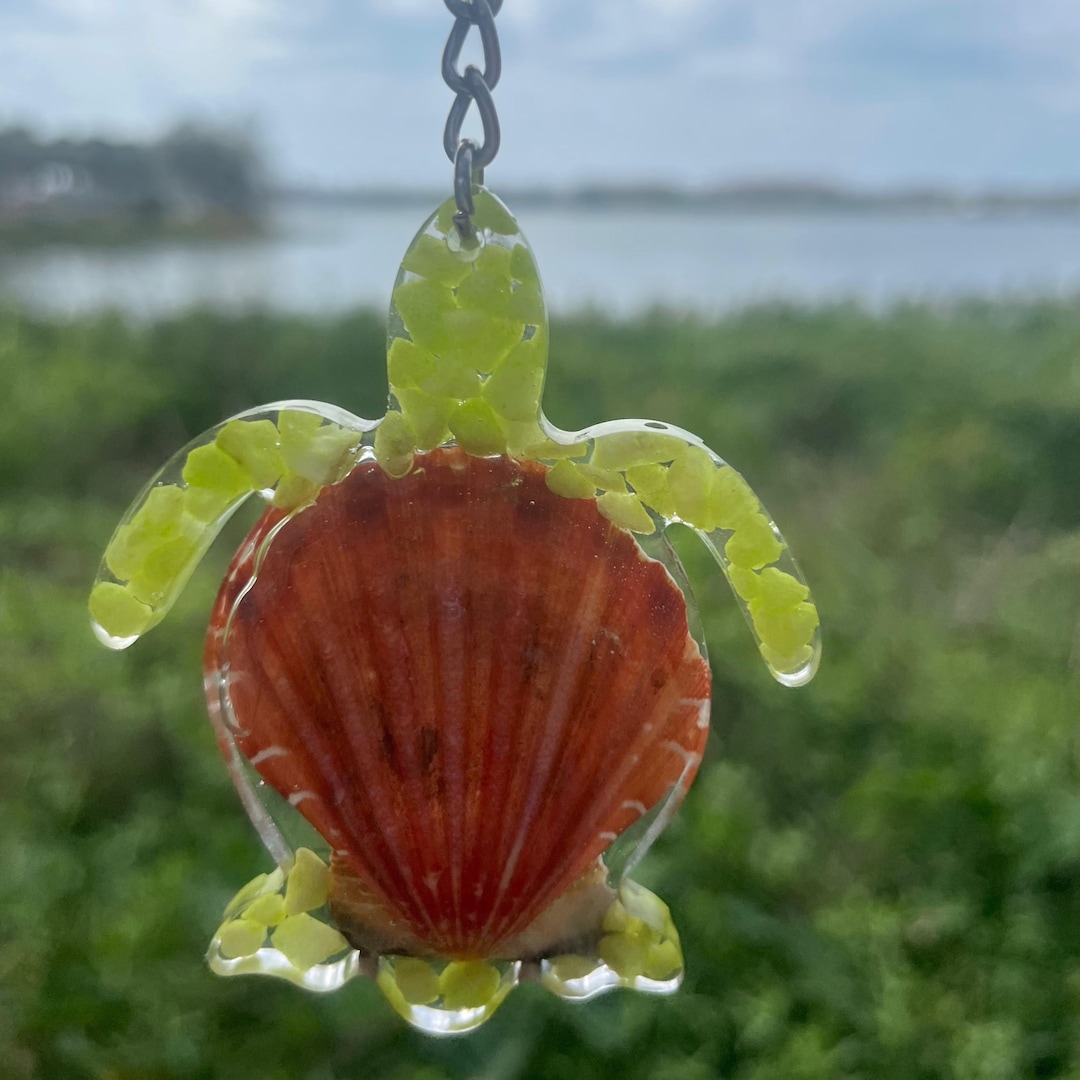 Green Turtle Keychain | Resin With Natural Shell & Rocks (large and ...