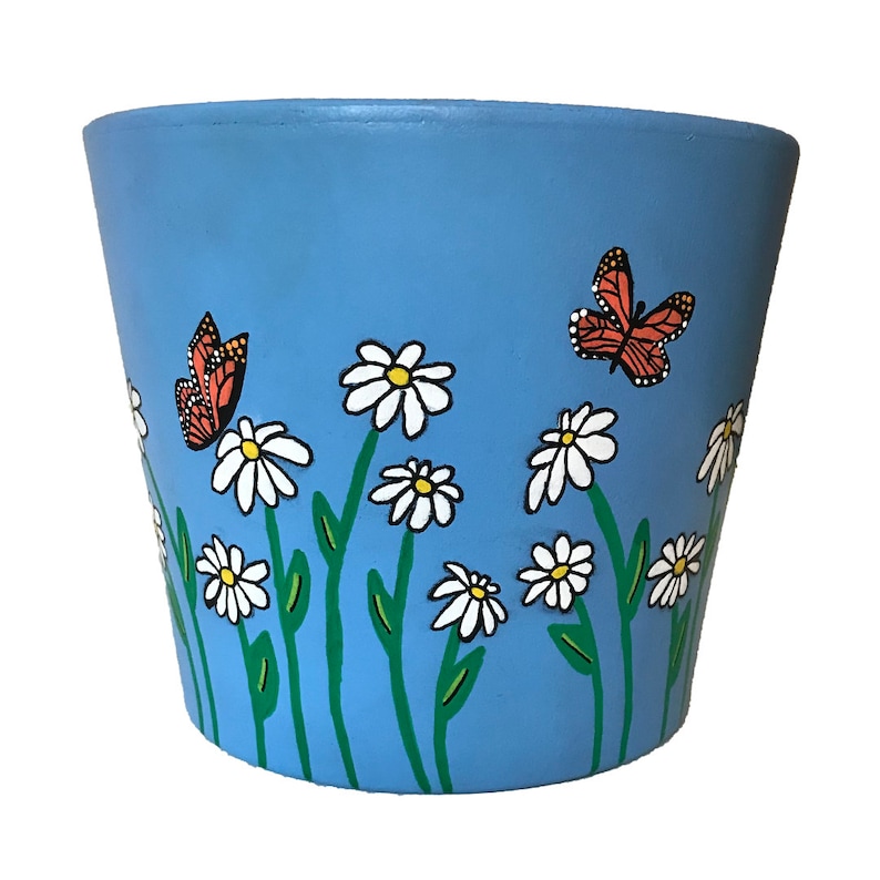 6.5 Inch Light Blue Plant Pot With Daisies and Monarch Butterflies - Etsy