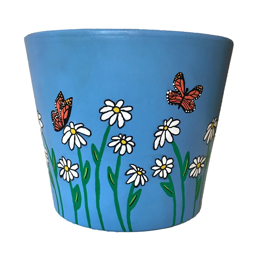 6.5 Inch Light Blue Plant Pot With Daisies and Monarch Butterflies - Etsy