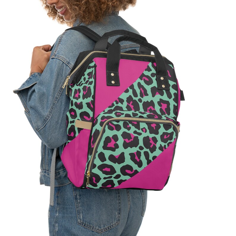 Personalized Leopard Print Backpack Diaper Bag Hot Pink and Mint Green ...