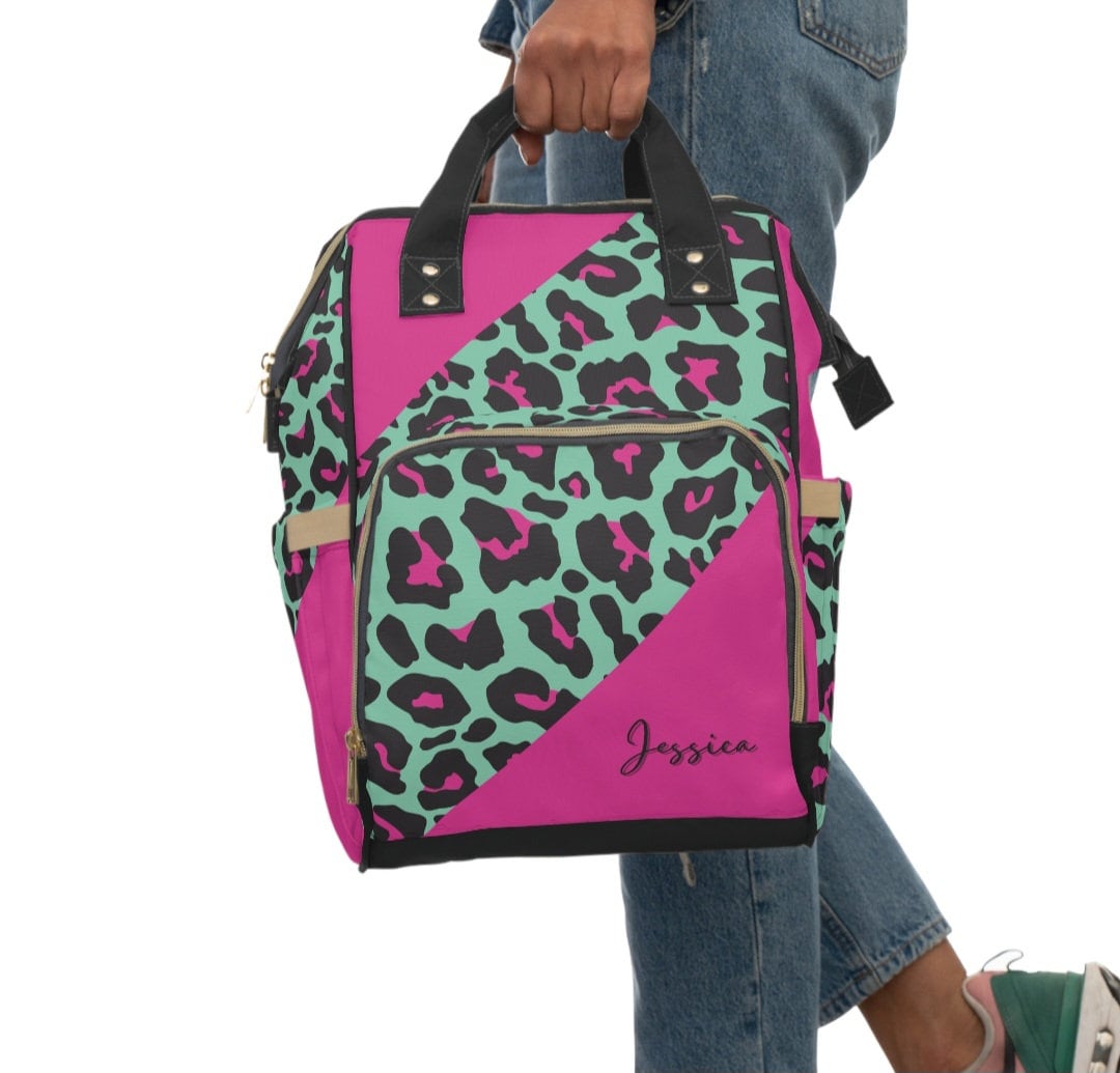 Personalized Leopard Print Backpack Diaper Bag Hot Pink and Mint Green ...