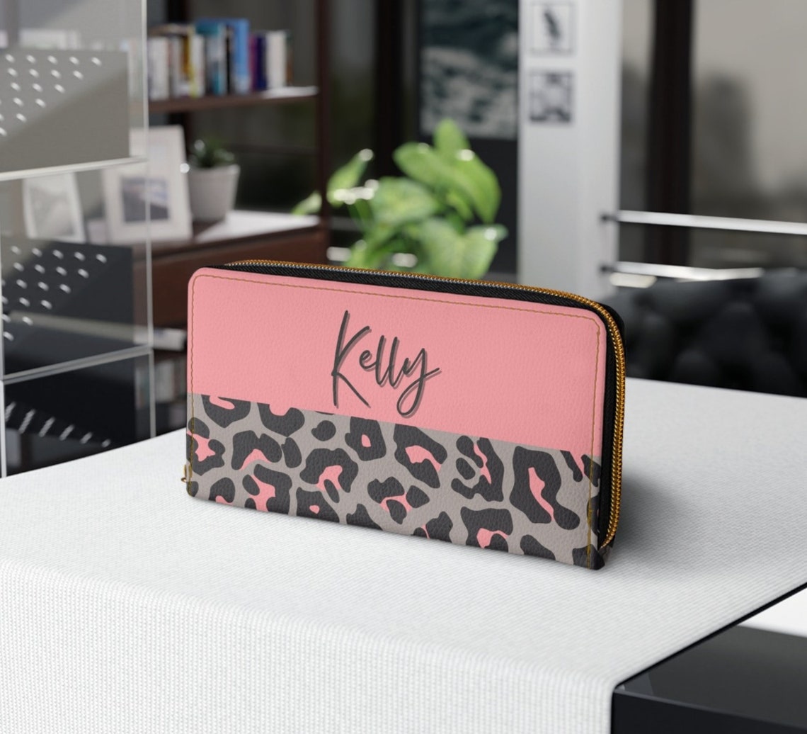 Personalized Leopard Print Gray and Coral Zipper Wallet for Women - Etsy