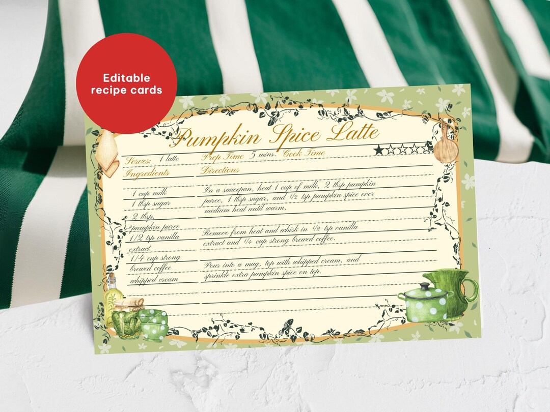 Handwritten Recipe Cards Template, Printable Recipe Card, Blank Vintage ...