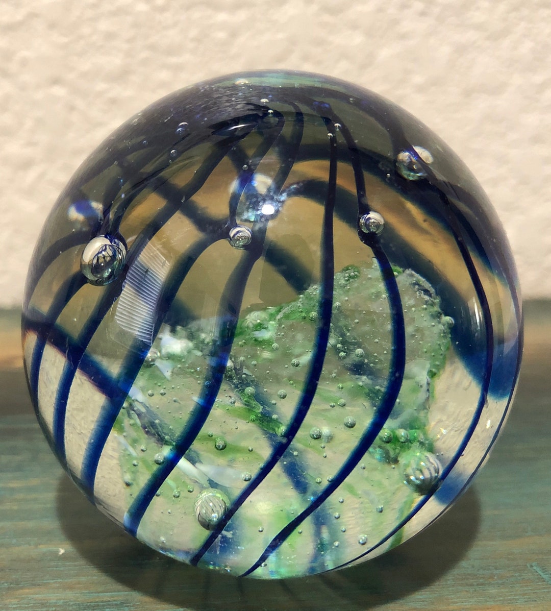 Paperweight With Controlled Bubbles - Stunning Waves of Blues and Green ...