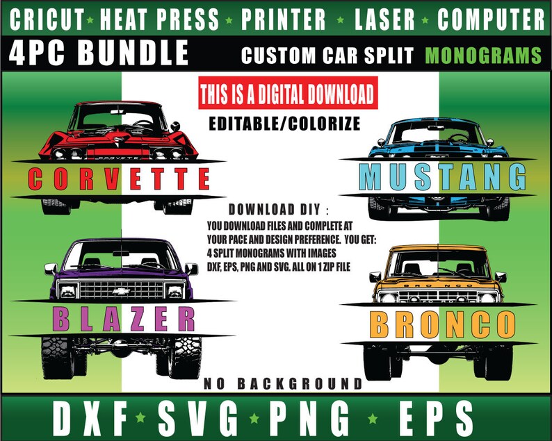 Classic Car Split Monogram Designs, Customizable Digital Download Pdf ...