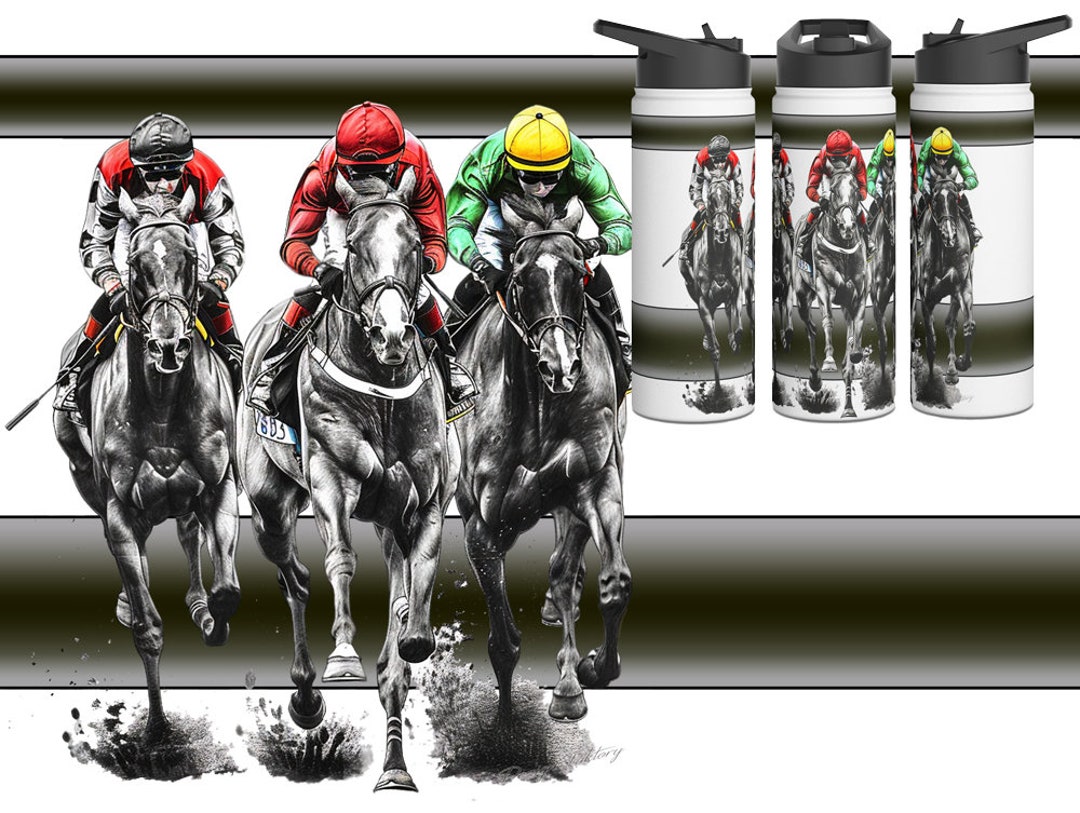Gallop to Glory: Pencil-drawn Horse Race Stainless Steel Water Bottle ...