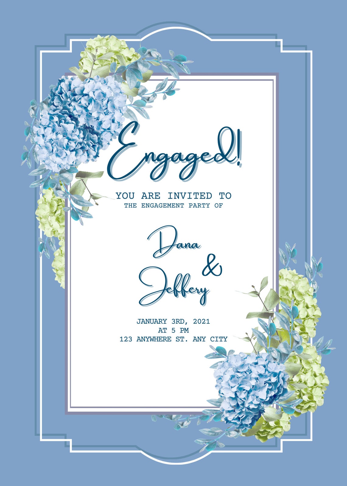 Printable Hydrangeas Engagement Party Invitation Template Blue ...
