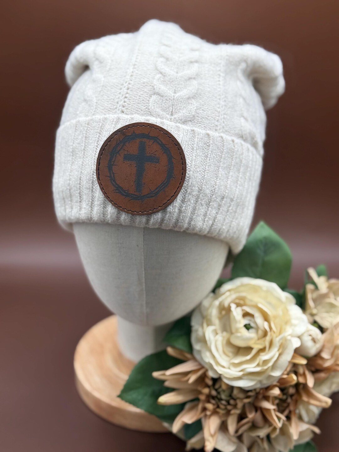 Off-white Merino Wool Hat With Cross and Crown of Thorns Decal - Etsy