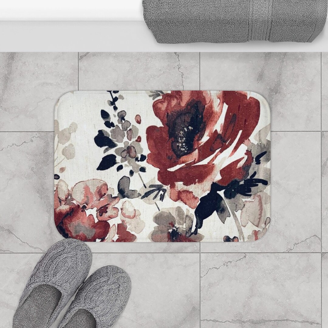 Burgundy Rose Bath Mat, Boho Floral Print Bath Mat, Bathroom ...