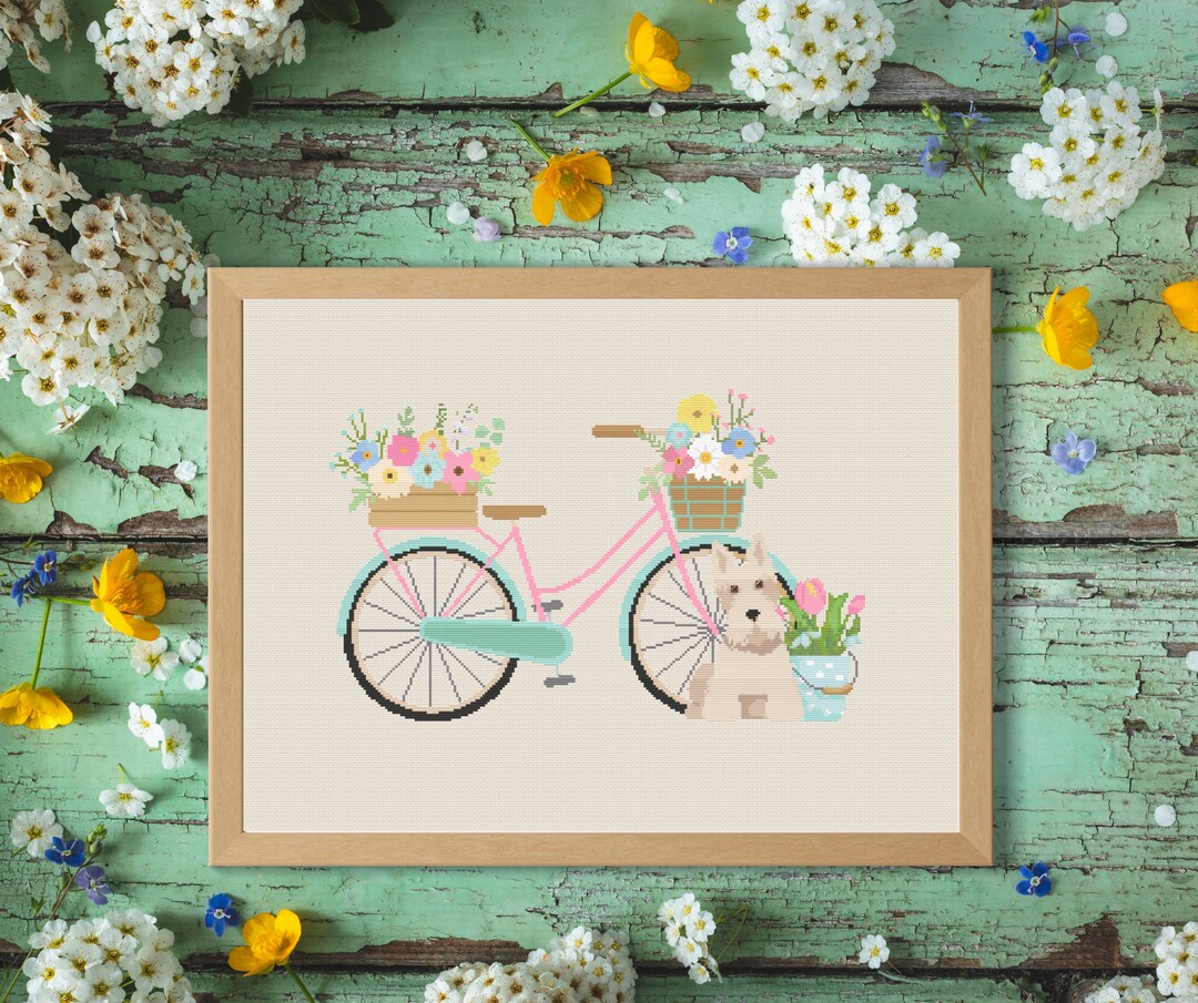 Spring Bike Scottie Cross Stitch Pattern { Florals Bike Terrier Pdf ...