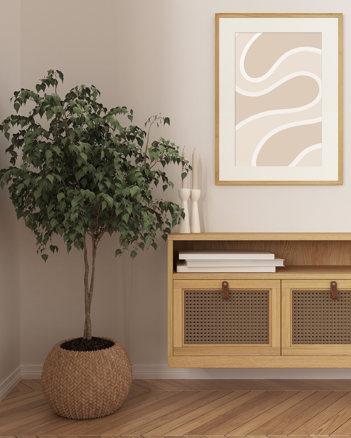 Wavy Line Printable Wall Art, Abstract Curvy Line Art, Beige and White ...