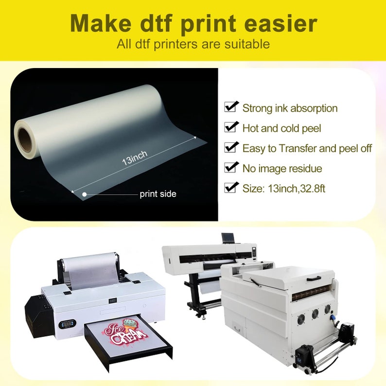 Yamation DTF Transfer Film Roll: 13inch Premium Double-sided Matte Finish PET Transfer Paper ...
