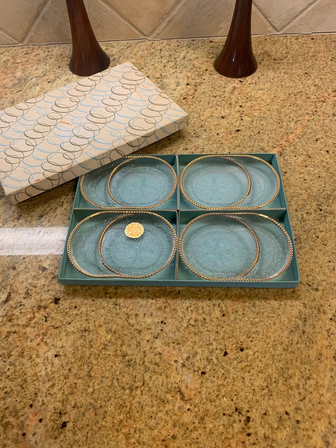 4 Vintage Jeannette Ware Lyre and Harp Glass Coasters, Unused and in ...