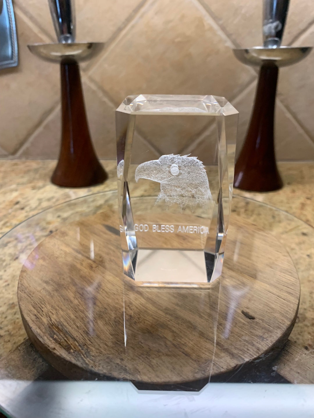 3D Laser Etched Crystal Paperweight Eagle God Bless America Patriotic ...