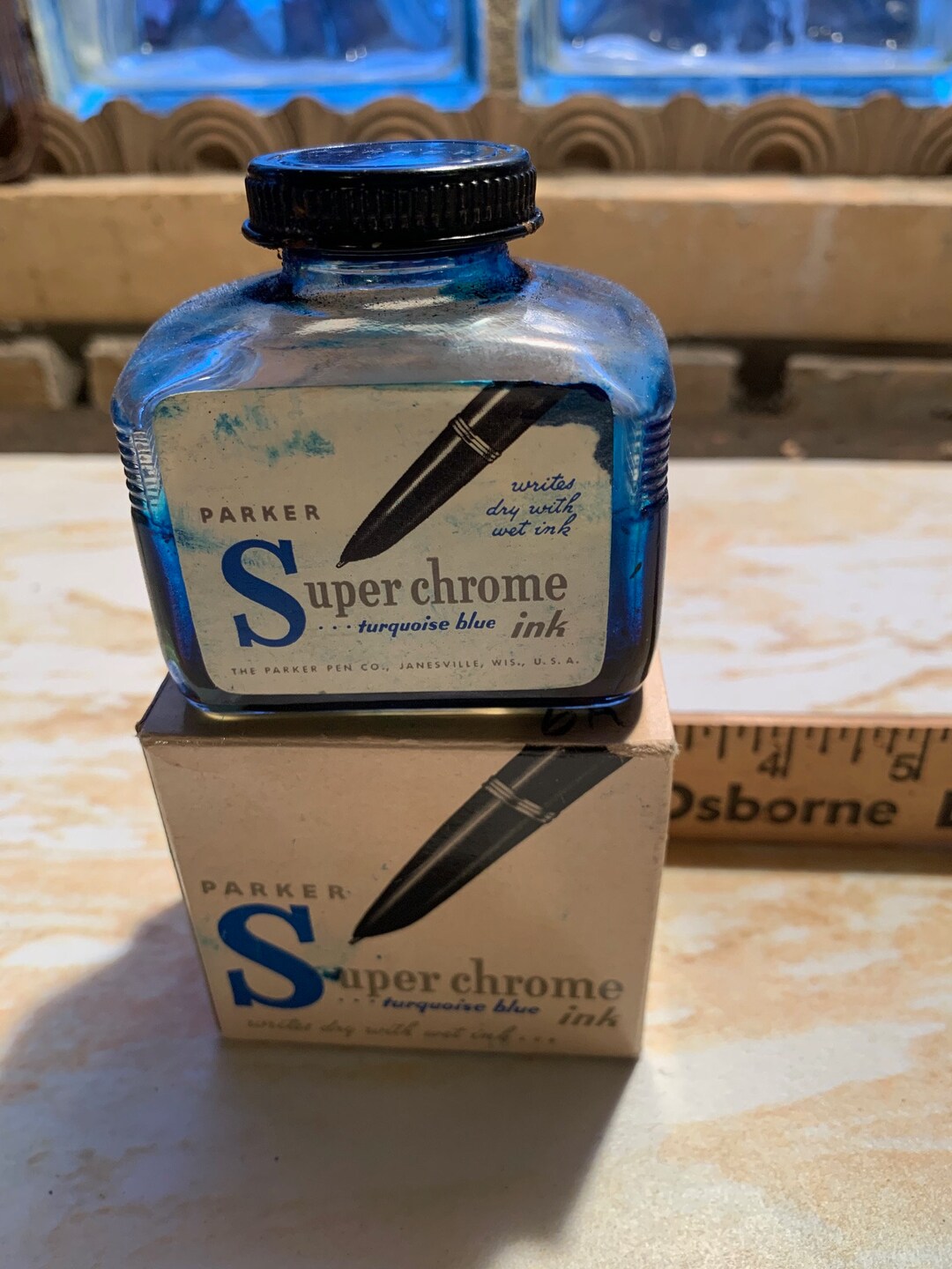 Ink Bottle Vintage Glass Ink Well Parker Super Chrome Ink Turquoise ...