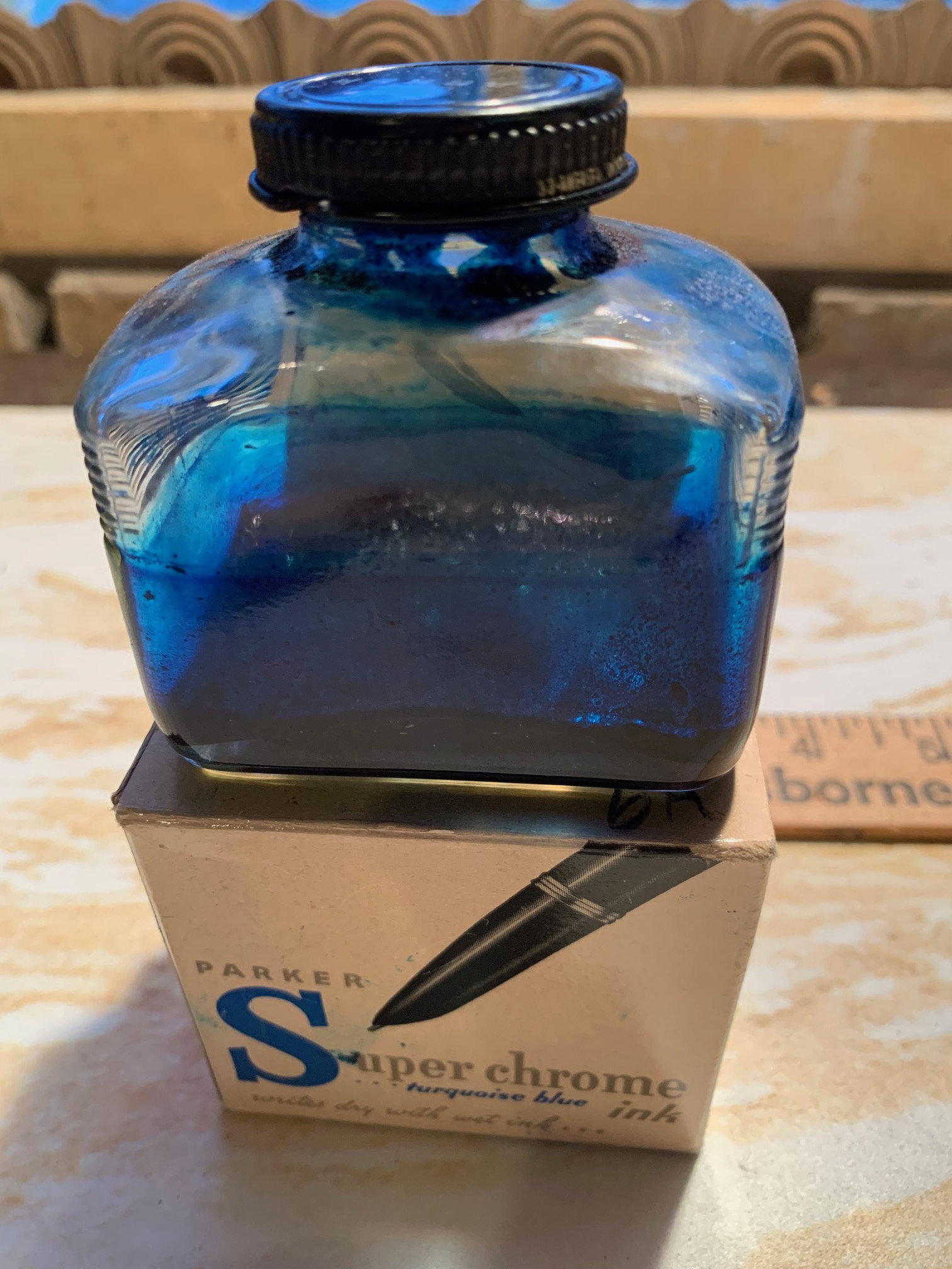 Ink Bottle Vintage Glass Ink Well Parker Super Chrome Ink Turquoise ...
