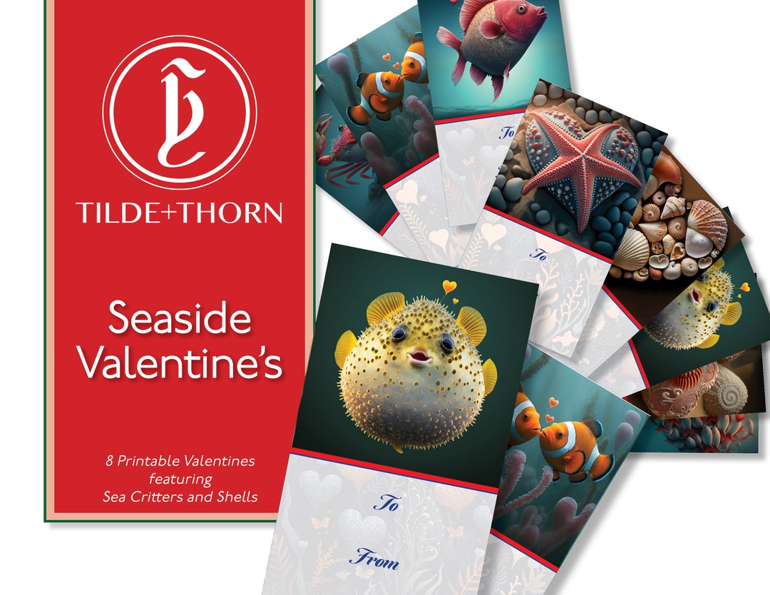 Printable Valentine's Day Cards With Illustrations of Sea Creatures and ...